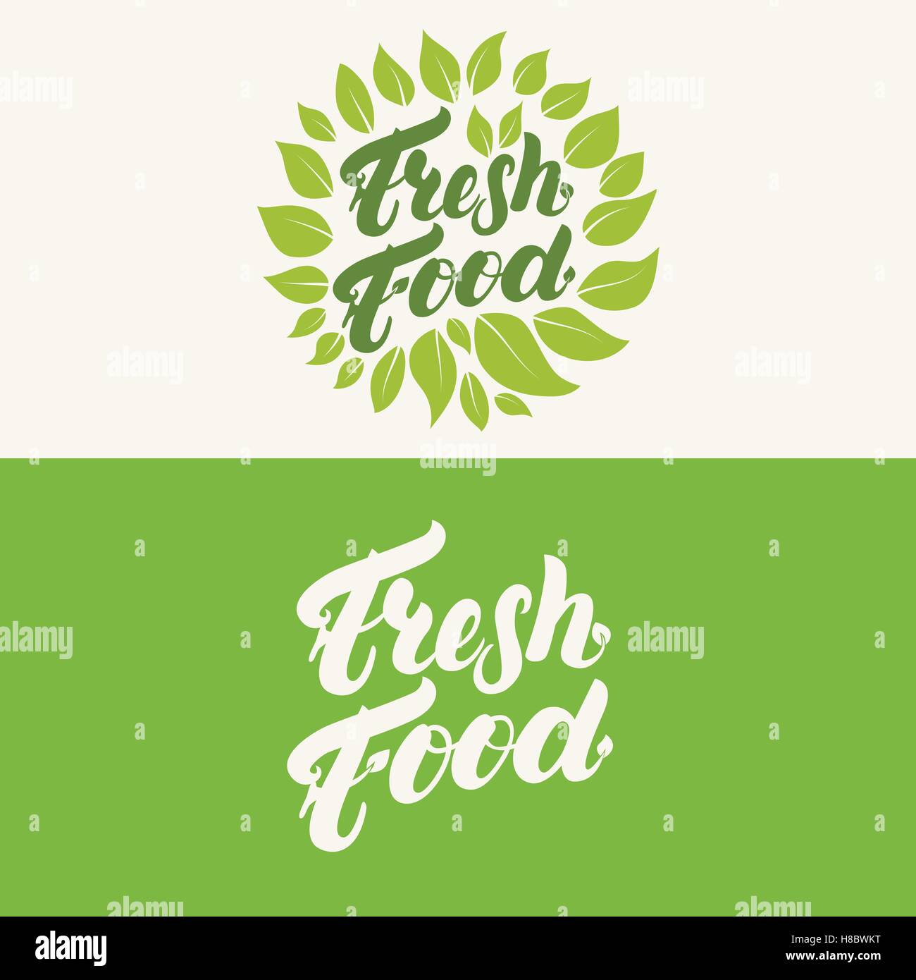 Fresh food lettering logo template, label or badge with green leaves ...