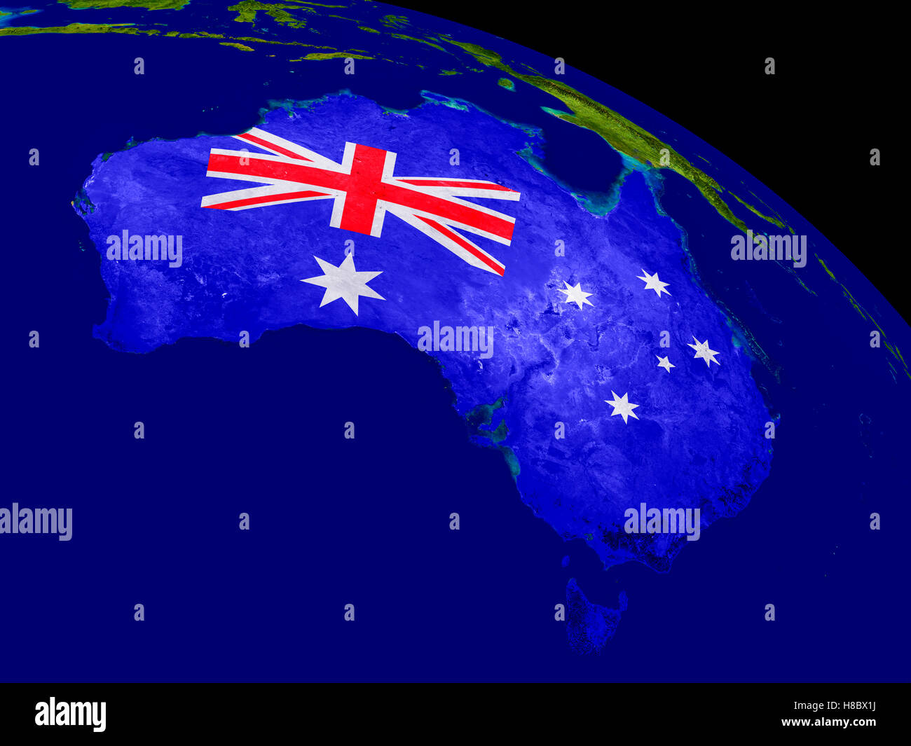 Map of Australia with embedded flag on planet surface. 3D illustration. Elements of this image ...