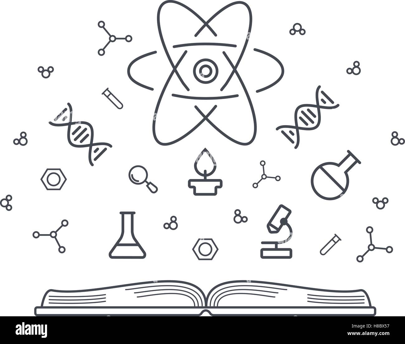 Science concept knowledge base - open book with chemical and physical ...