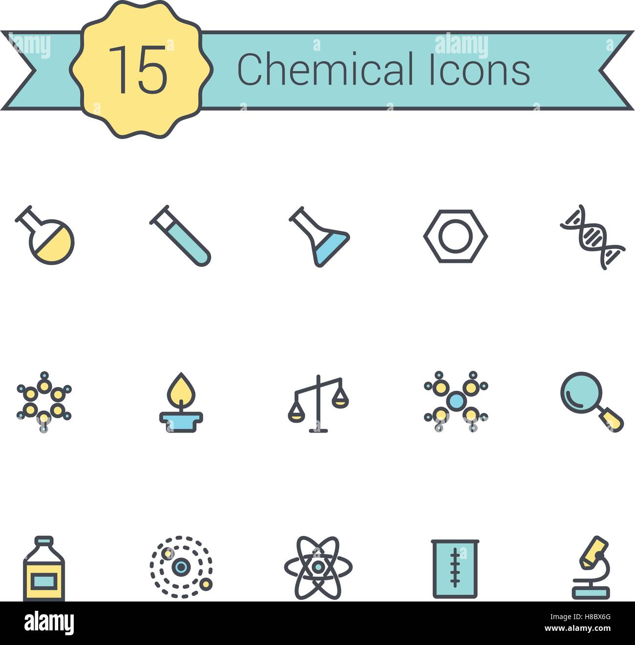 Science line icon set. Chemical icons of molecule, tube, flask, benzene ...