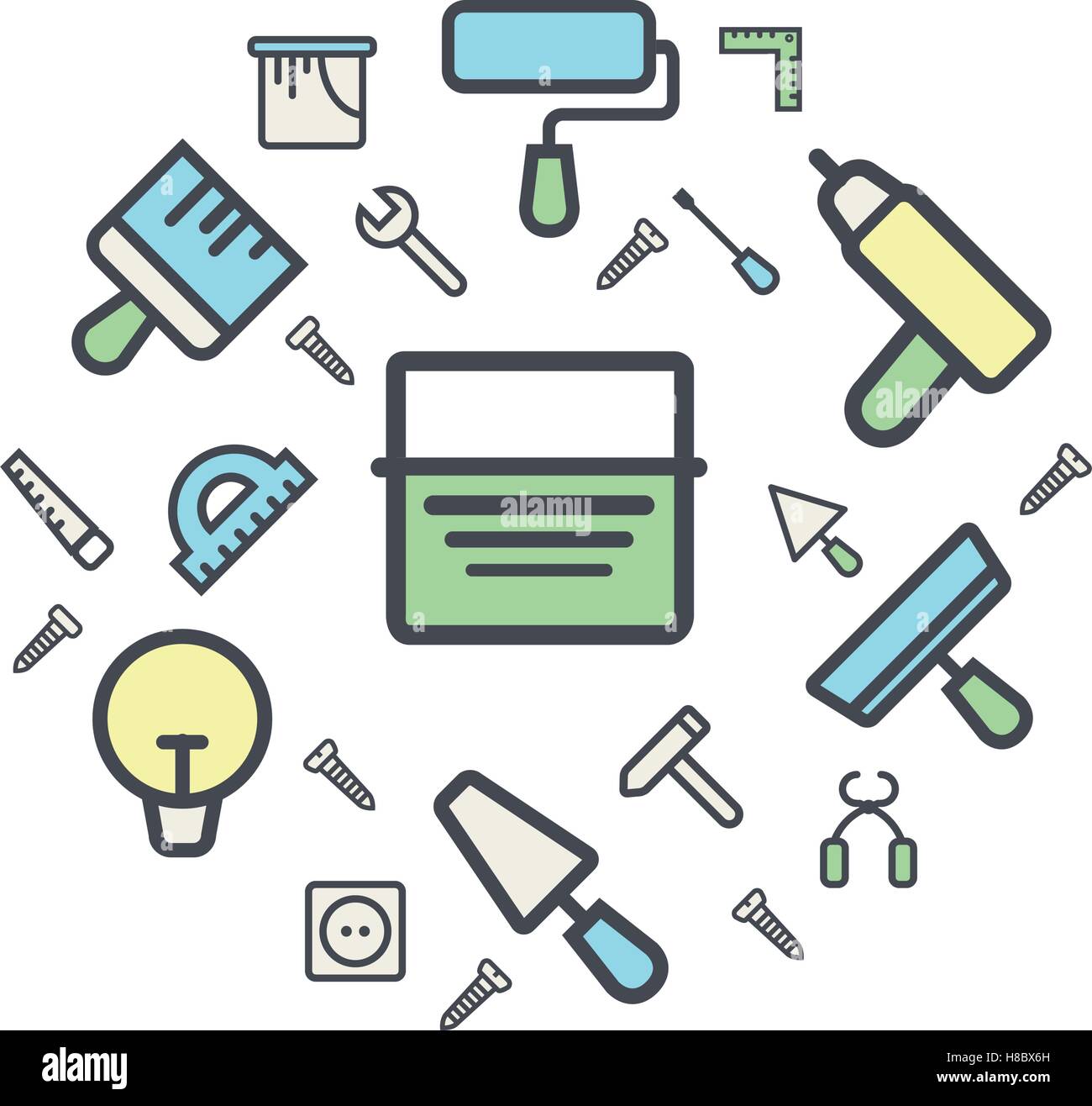 House remodel vector banner. Circle white background. Flat icons of ...