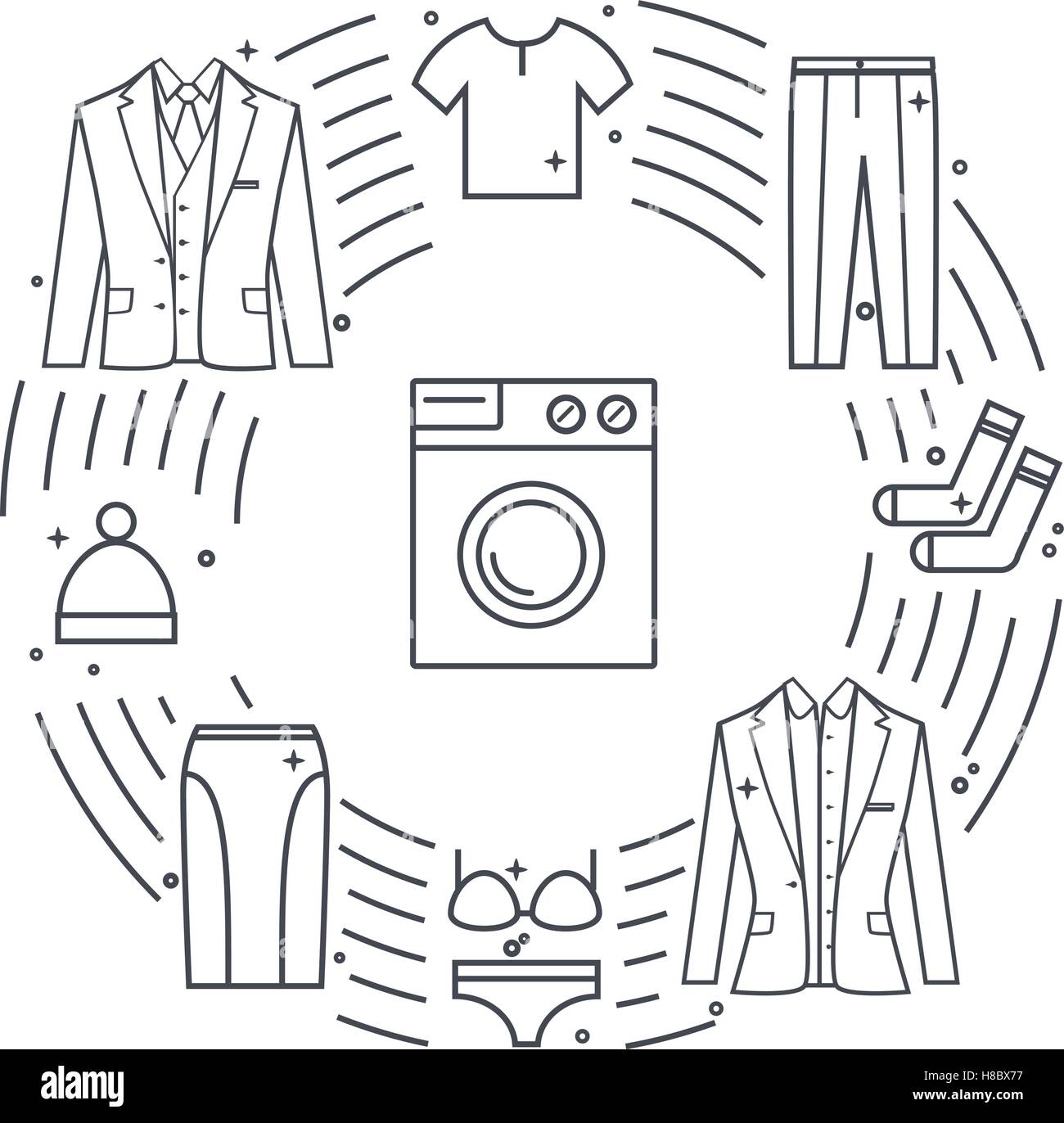 Dry-cleaning and laundry vector objects. Line icon illustration. Unique ...