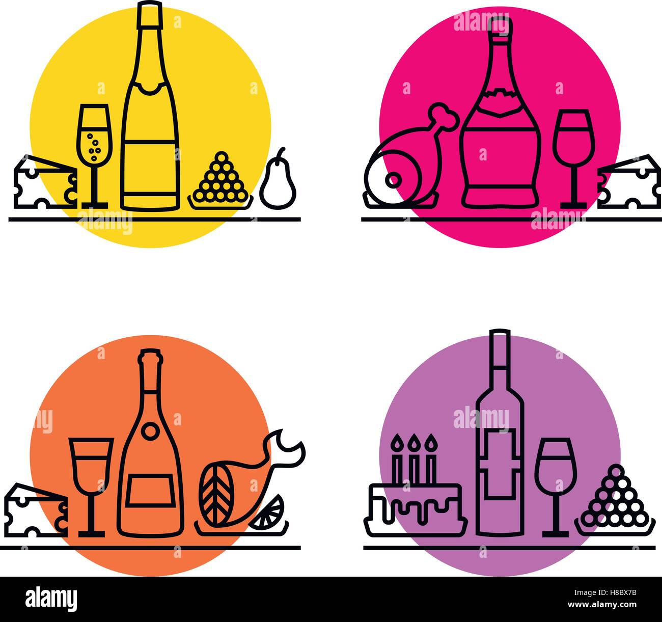Wine icons set. Festive party dinner line icons: champagne, cheese ...