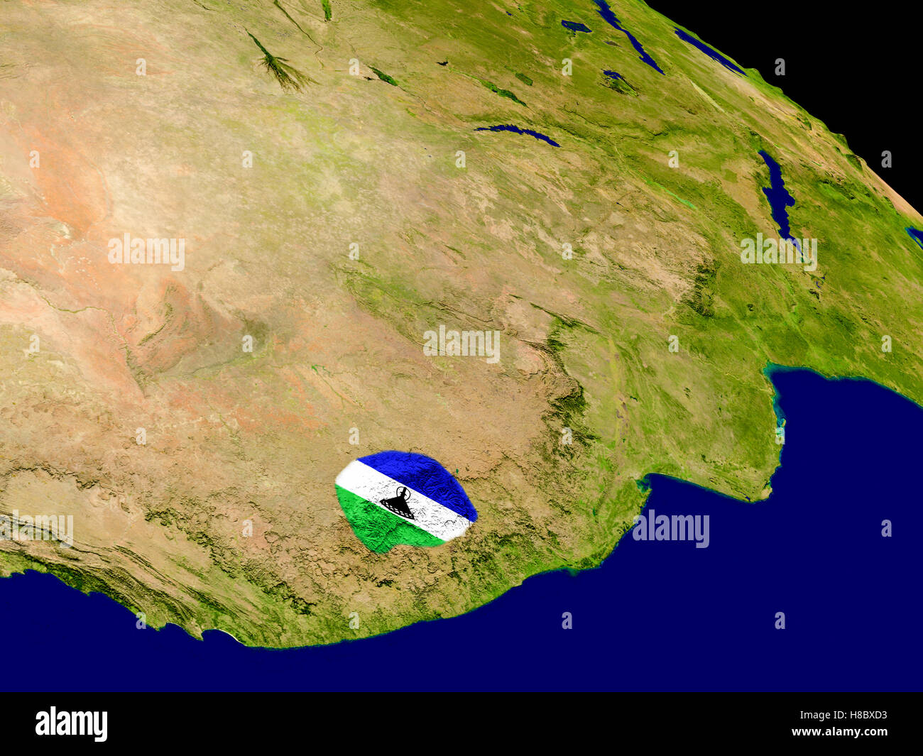 Map of Lesotho with embedded flag on planet surface. 3D illustration ...
