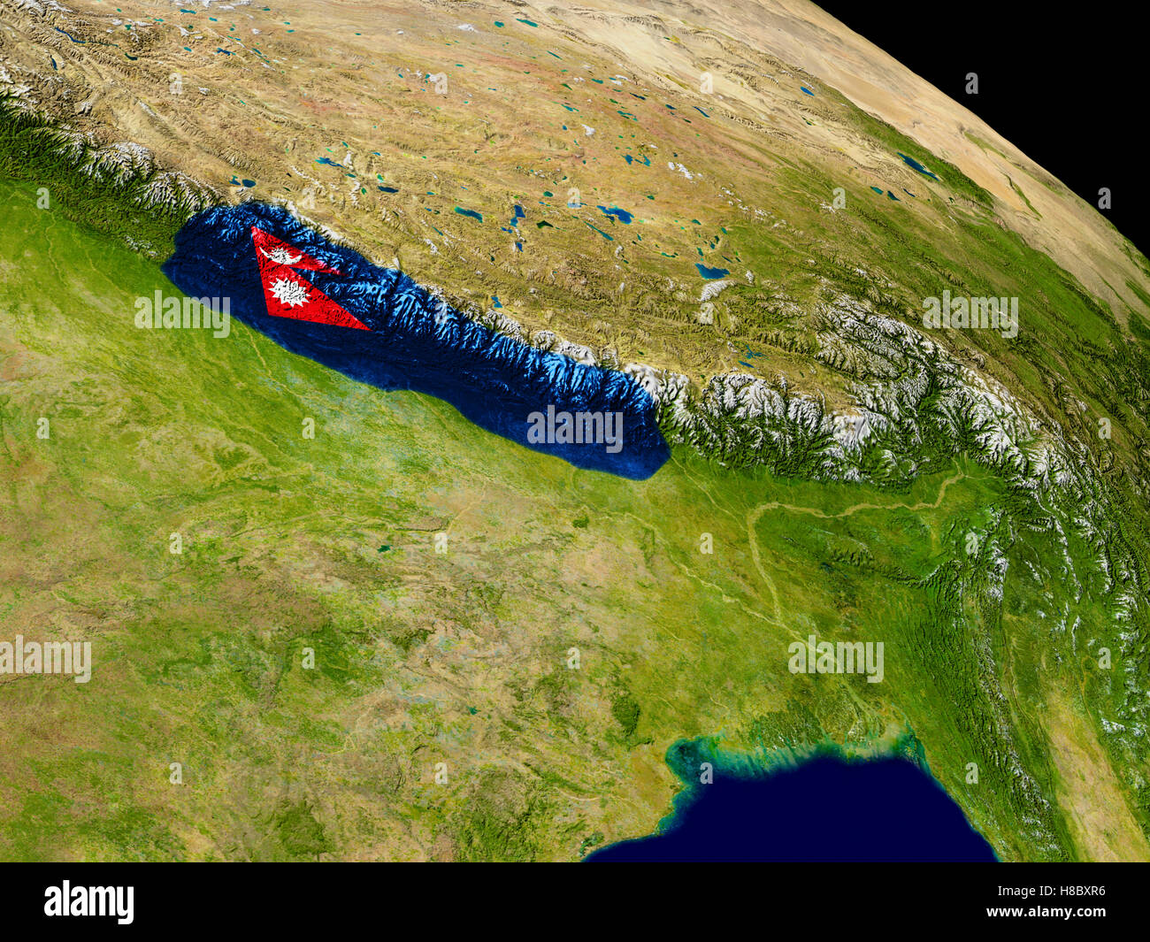 Map of Nepal with embedded flag on planet surface. 3D illustration ...