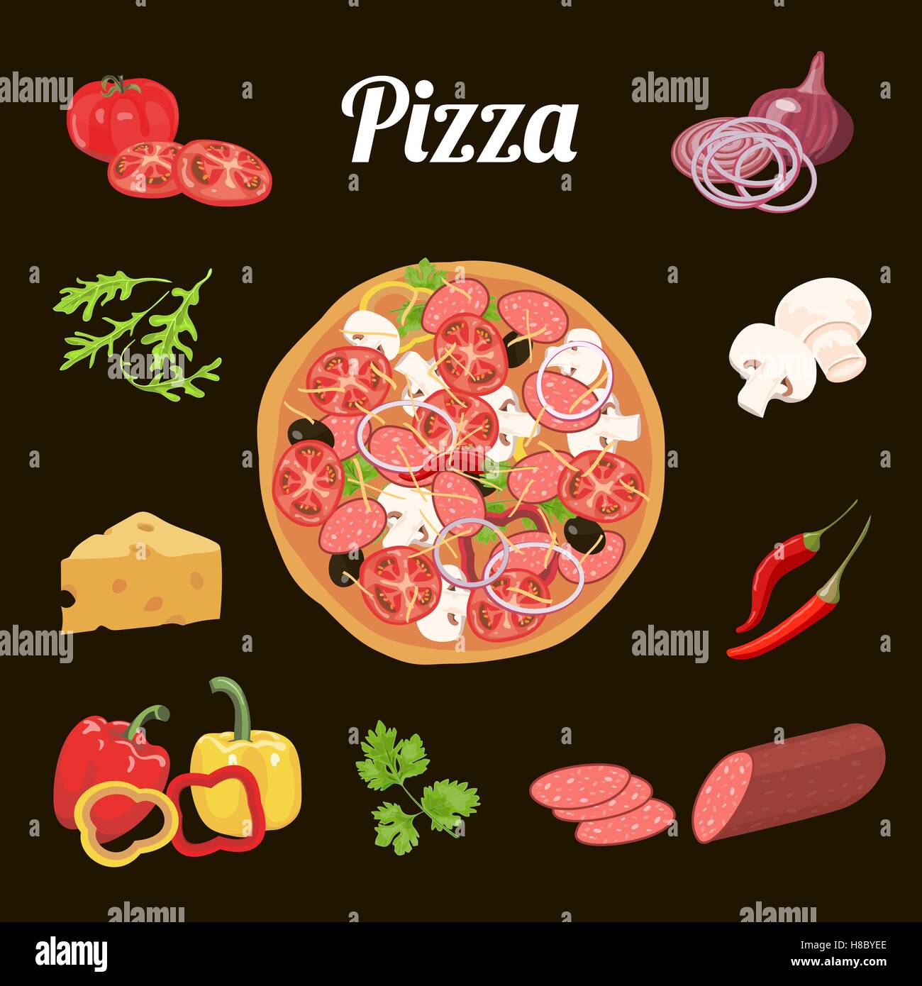 Pizza and ingredients. Vegetables, salami, cheese herbs Vector ...