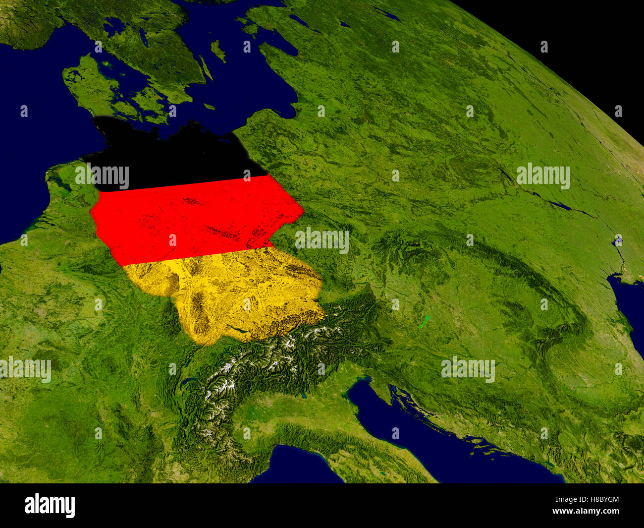 Map of Germany with embedded flag on planet surface. 3D illustration ...