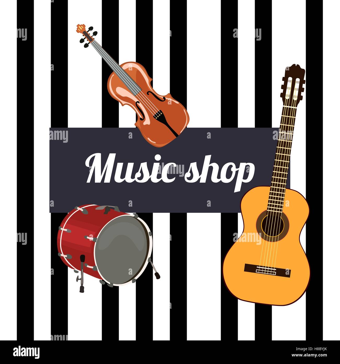 Music shop Sign. Musical instruments and black keys on the background ...
