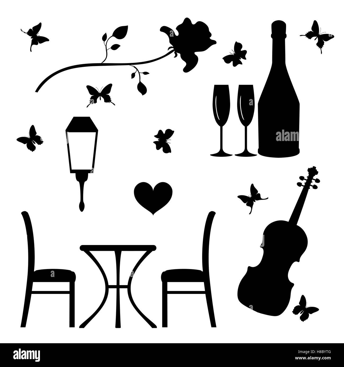 Set of flat icons for romantic evening. Small table with chairs, violin ...