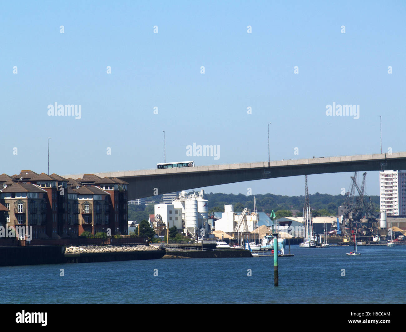View of Itchen Toll Road Bridge from wooden jetty at Southampton ...