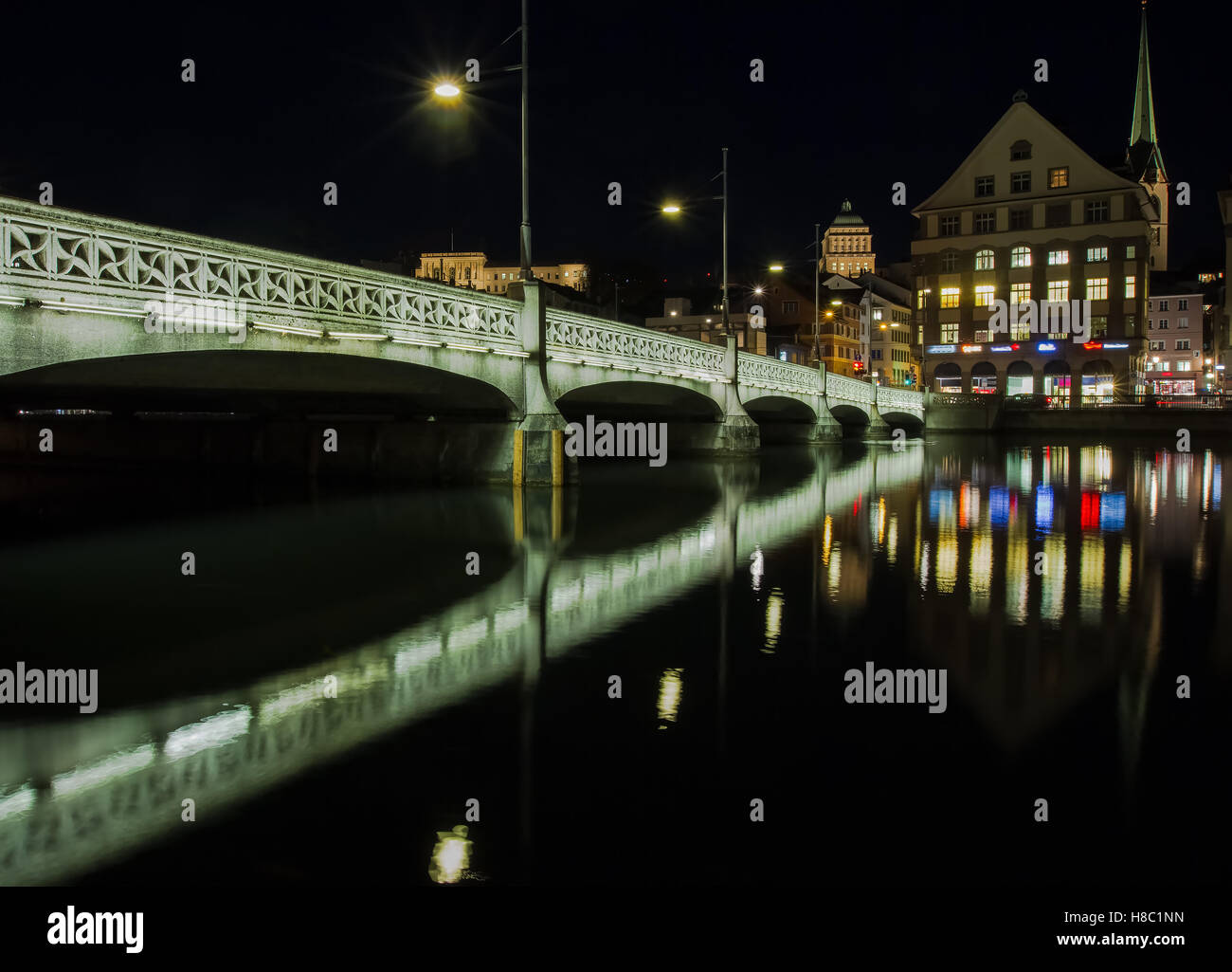 Night view of historic Zurich city center on summer, Canton of Zurich ...