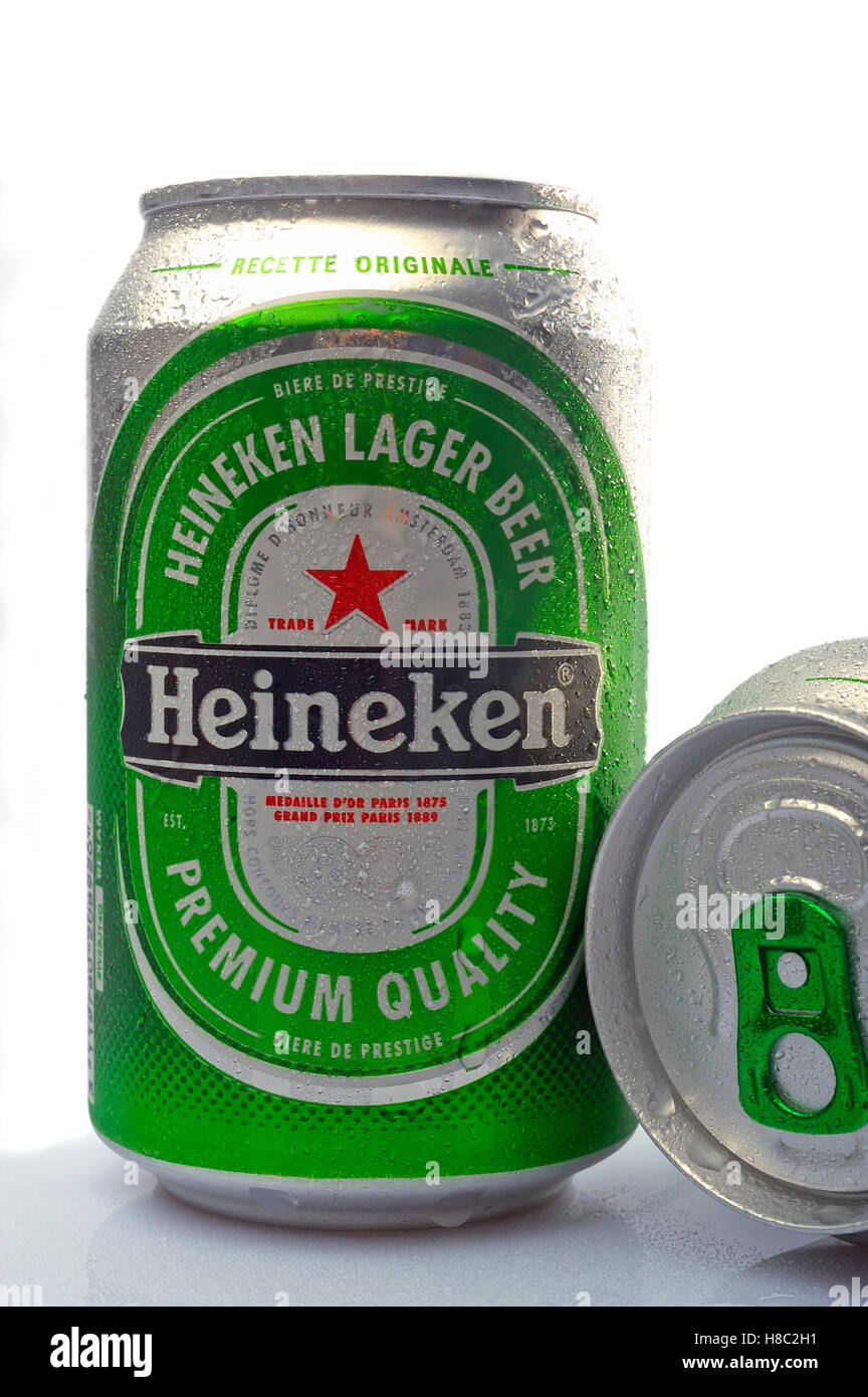 Heineken beer cane photographed in studio on white background Stock ...
