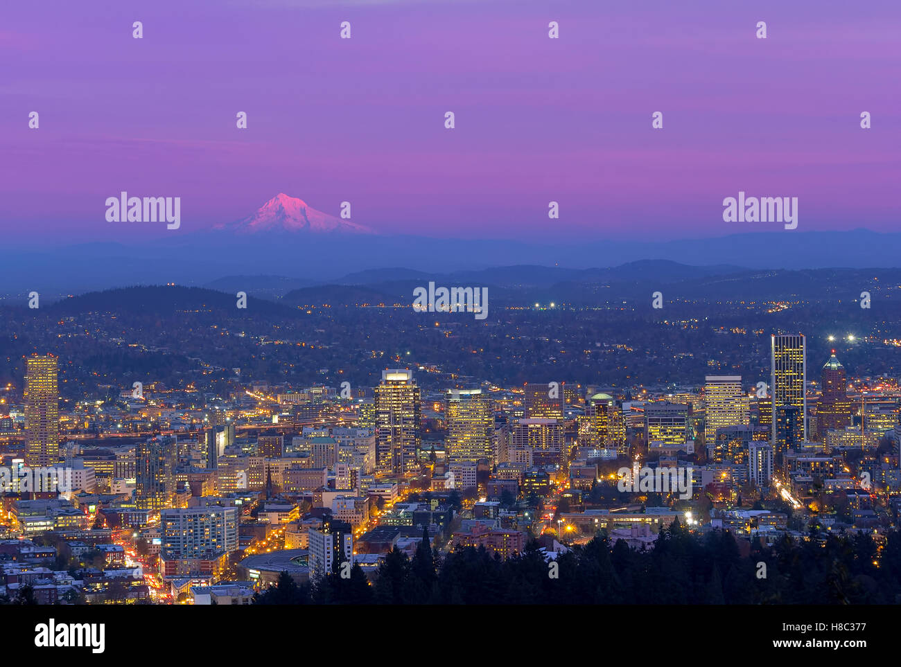 Downtown Portland Oregon Cityscape with Mount Hood during evening time ...
