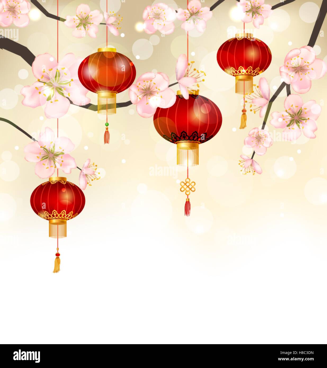 Illustration Background with Cherry Blossom and Hanging Lanterns ...