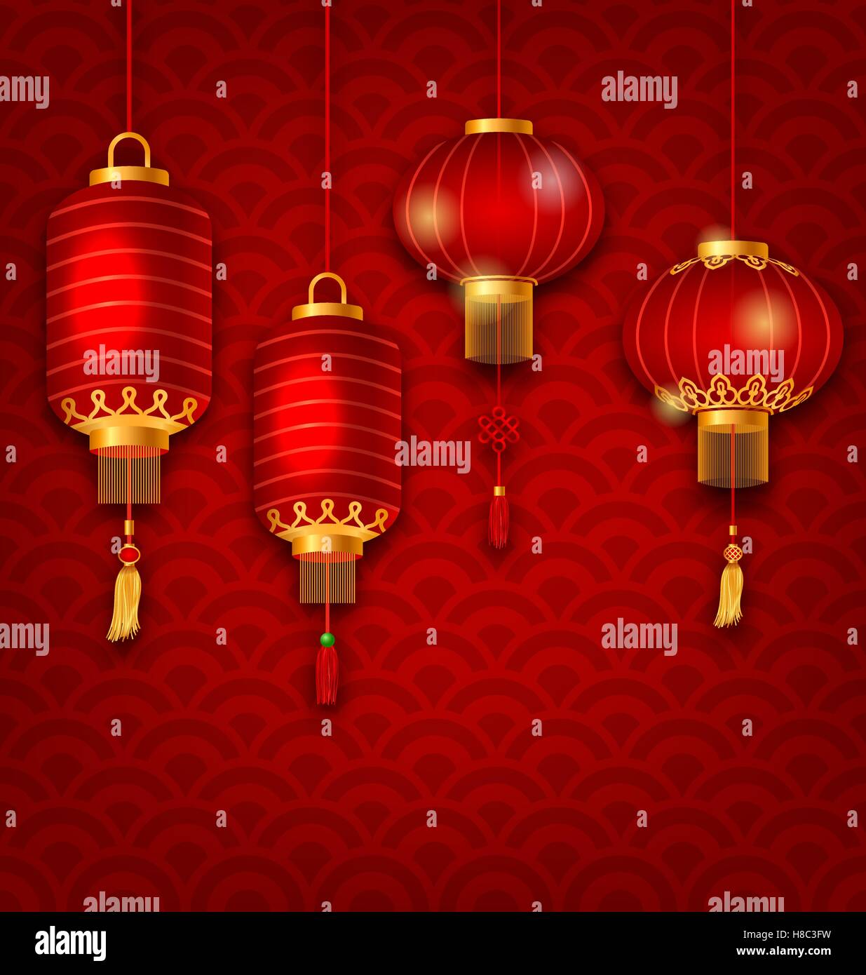 Illustration Chinese Background with Lanterns, Seigaiha Texture ...