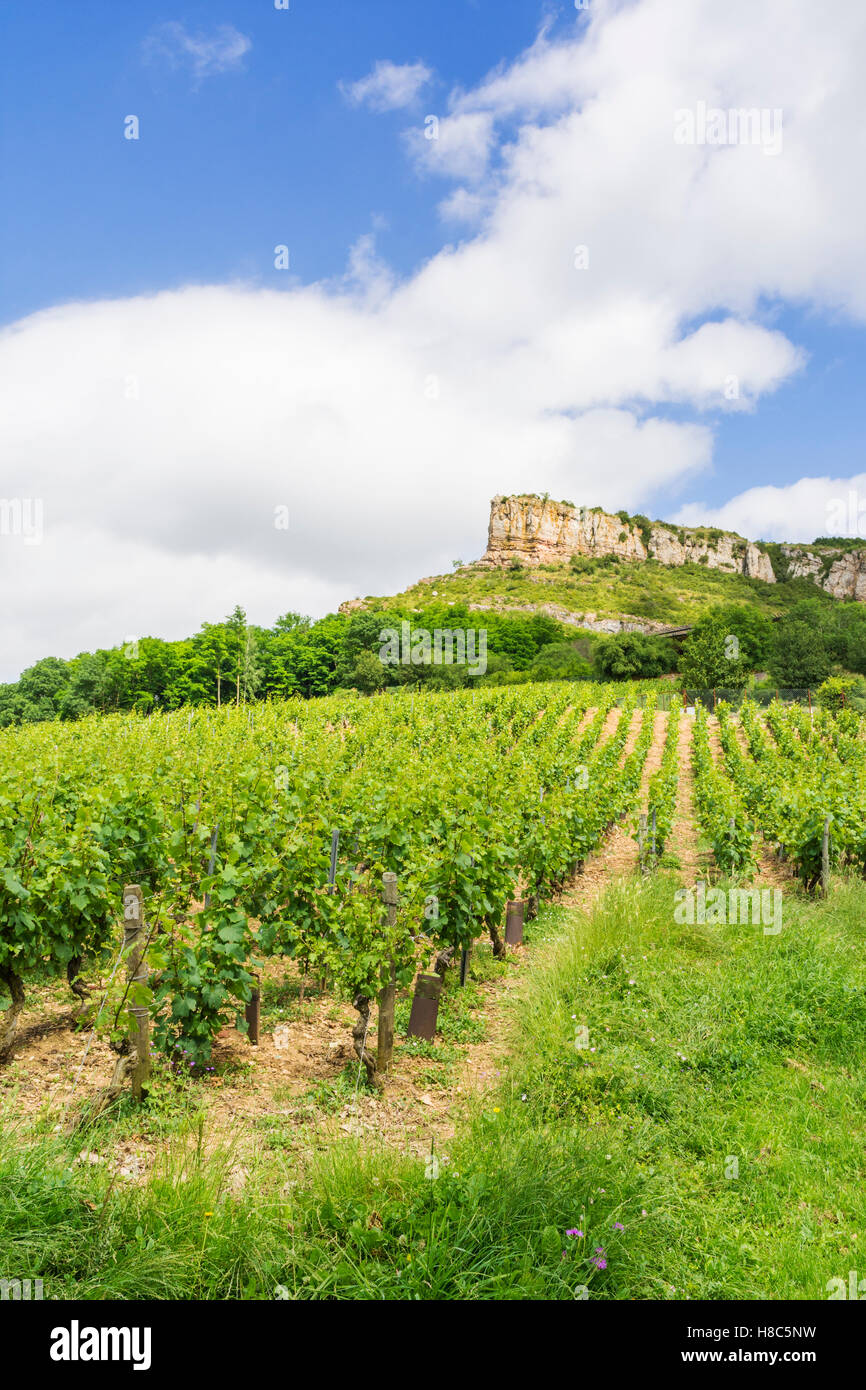 The limestone escarpment known as the Rock of Solutré, overlooking the ...