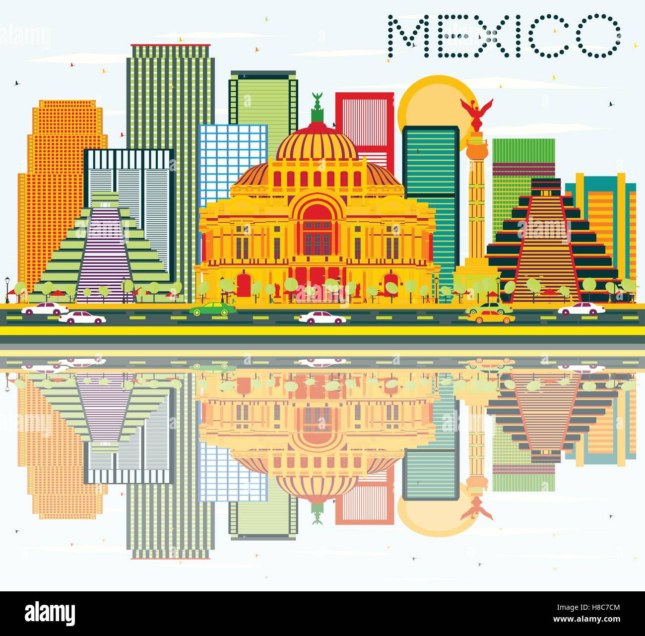 Mexico Skyline with Color Buildings, Blue Sky and Reflections. Vector ...