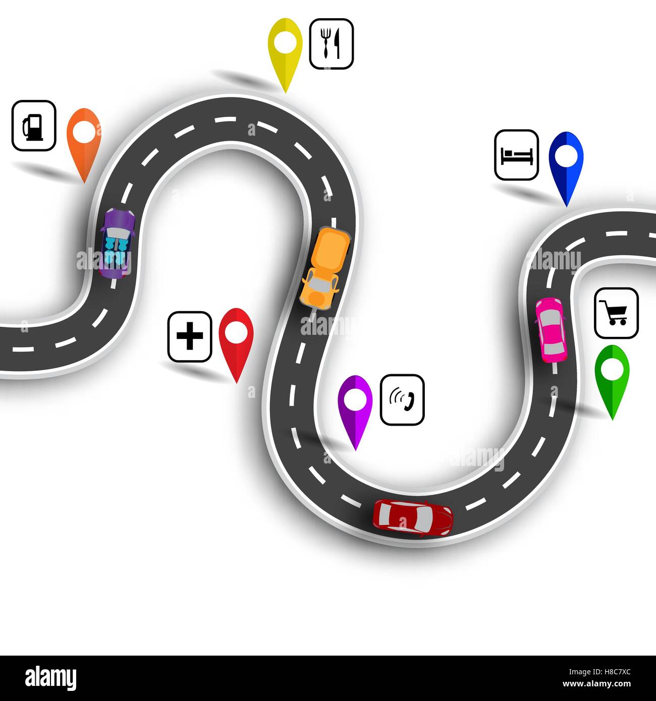 Infographic. Winding road with signs. 3D. Cars. The path indicated by ...