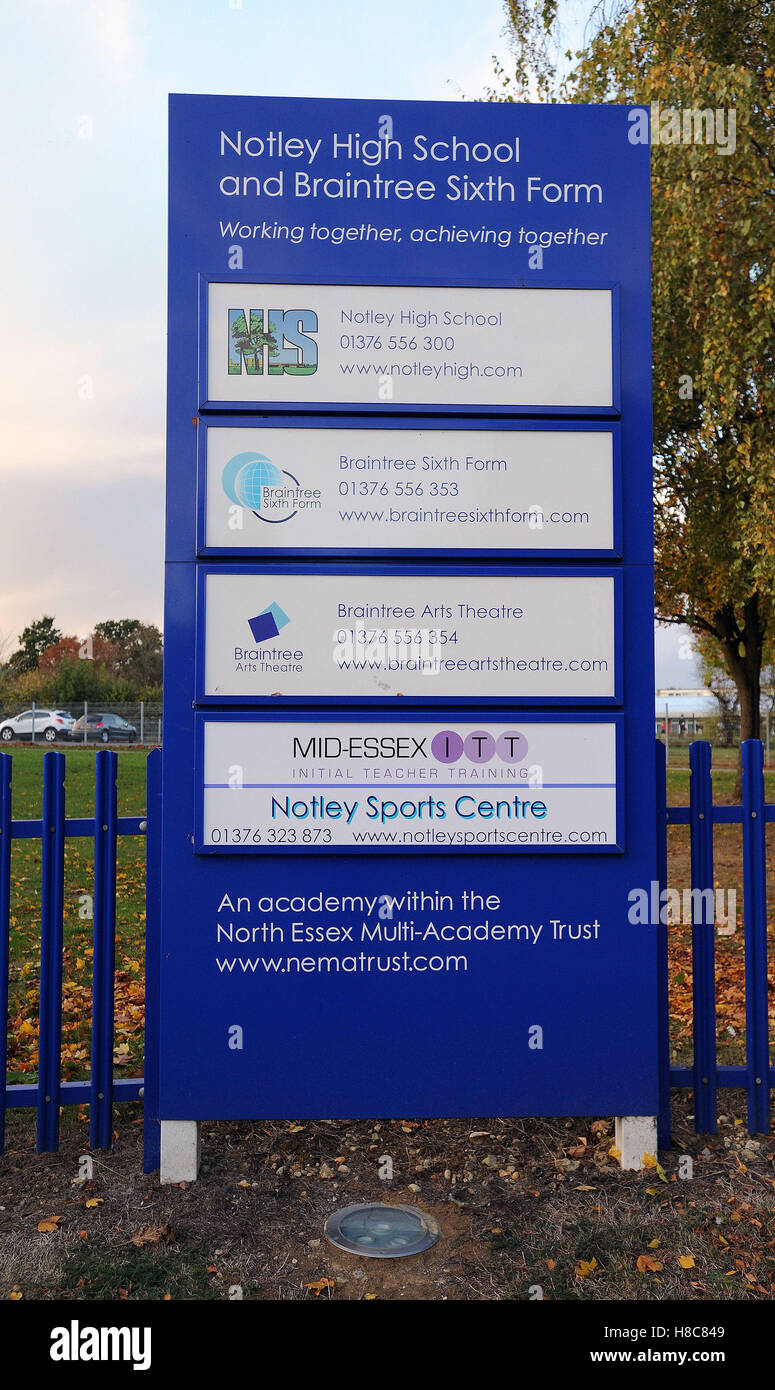 A sign for Notley High School in Braintree, Essex, as former pupil and ...