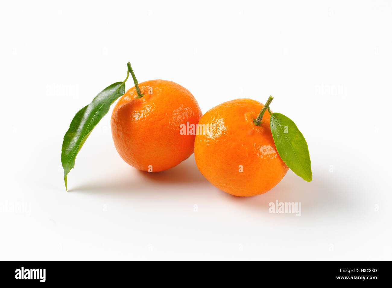 two tangerines with leaves on white background Stock Photo - Alamy