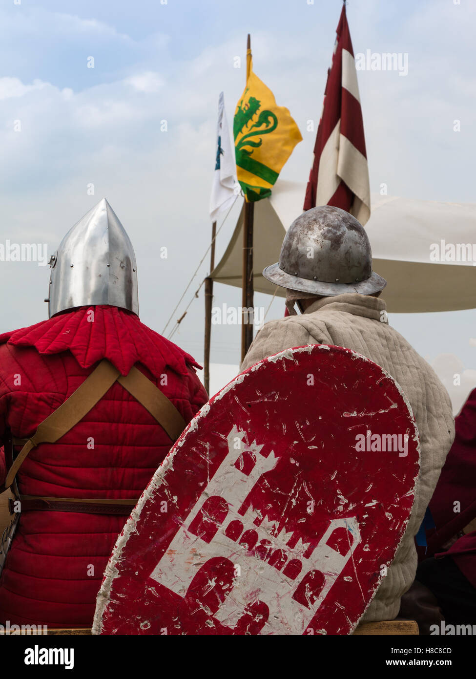 Knights with Silver Helmets and Shields seated on Chair: Medieval Event ...