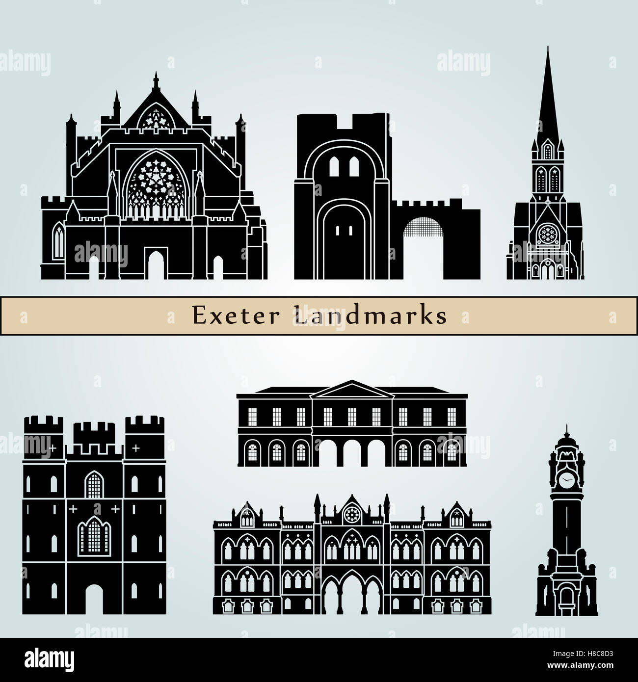Exeter landmarks and monuments isolated on blue background in editable ...