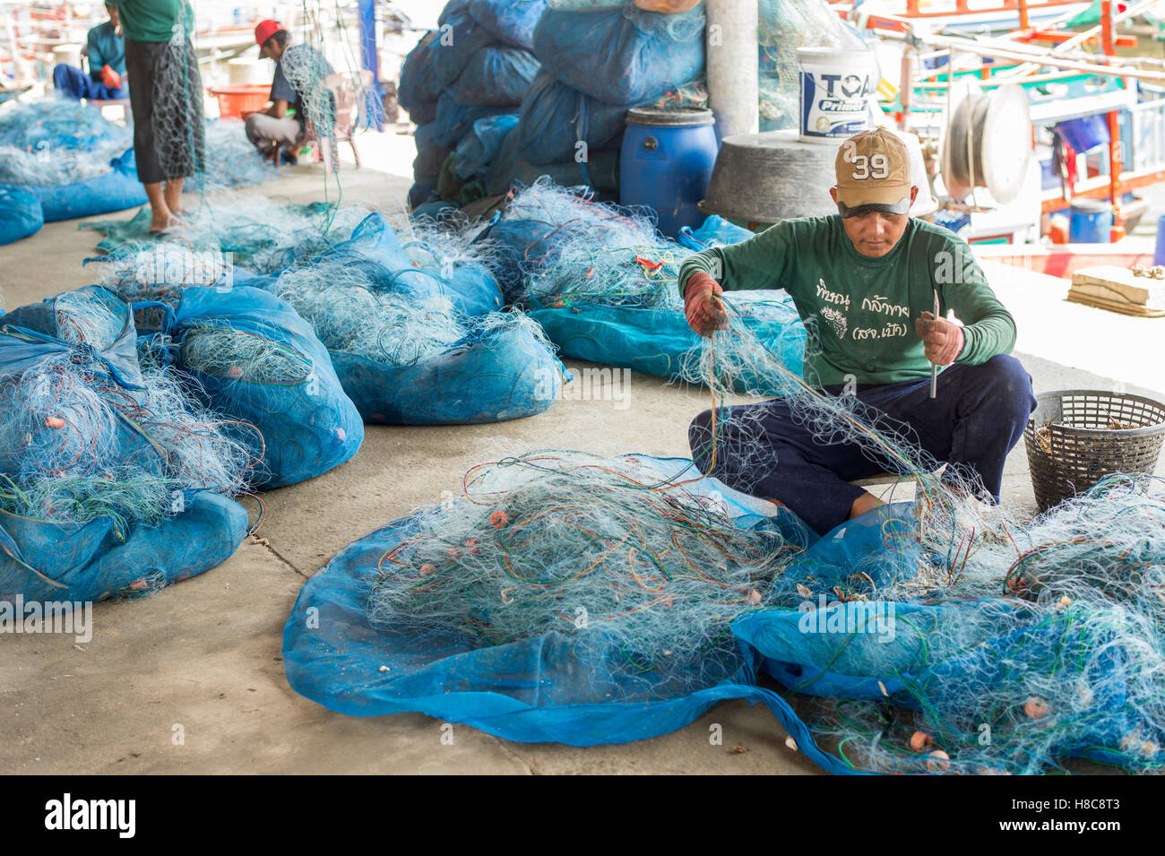 Thai people collect catch of sea food from fishing net in a village ...