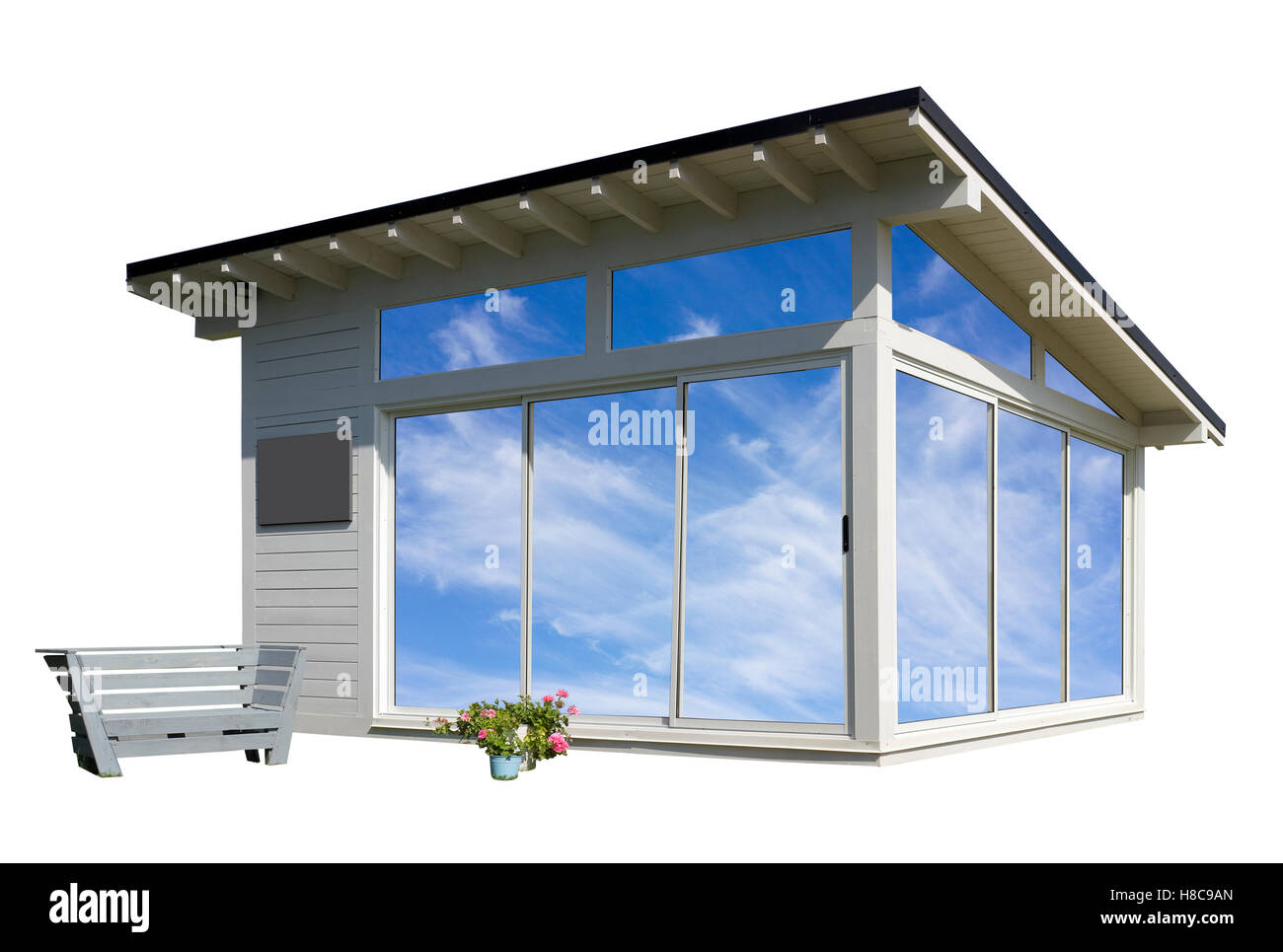 Wooden simple rural no name shed for rest and a relax. In windows the ...