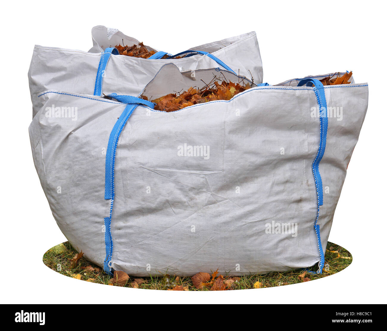 Big industrial bag from a synthetic sacking with the fallen down autumn ...