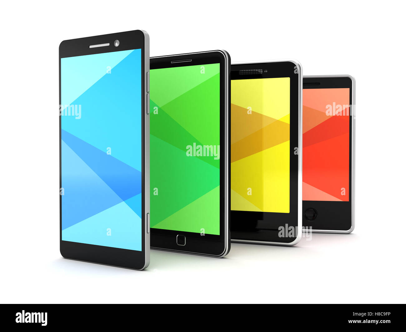 3d illustration of different mobile phones with colorful screens Stock ...