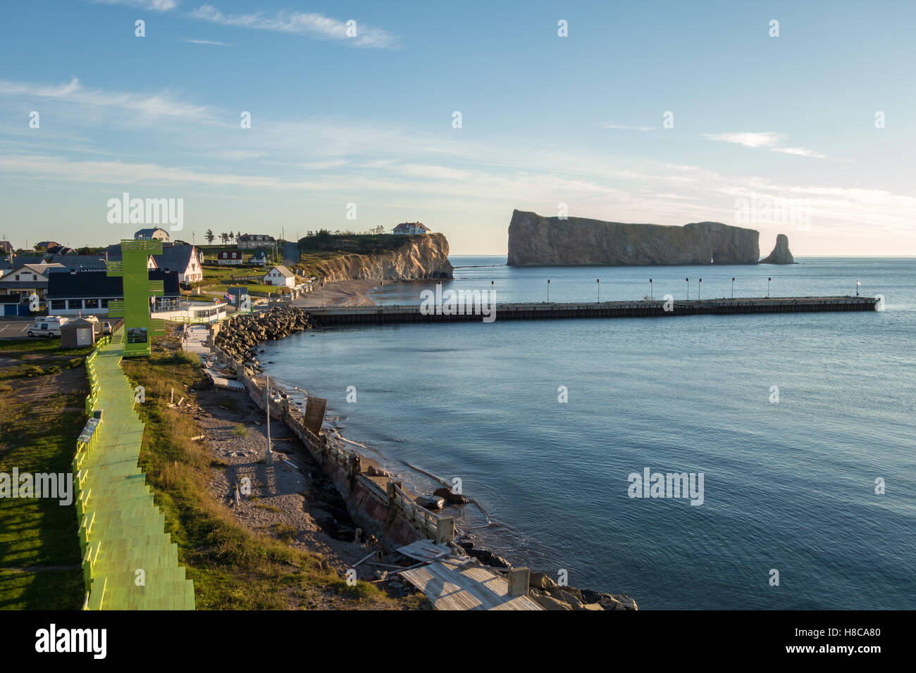 Percé rock and Percé village as seen atop observation tower in Gaspésie ...