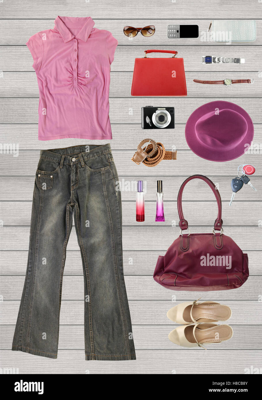 collection clothing for females or working women, placed on a white ...