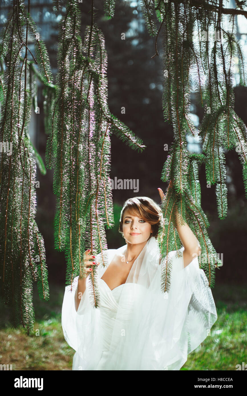 Bride standing under pine tree Stock Photo - Alamy