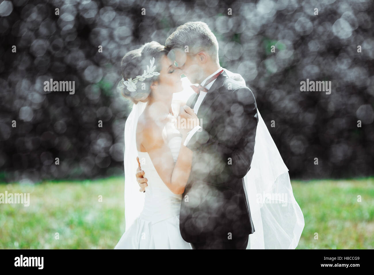 Bridegroom and bride under heavy rain Stock Photo - Alamy