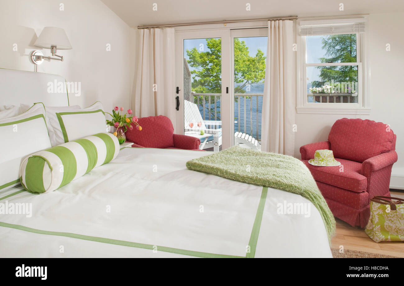 Bedroom with ocean view, Inn at Sunrise Point, Camden, Maine Stock ...