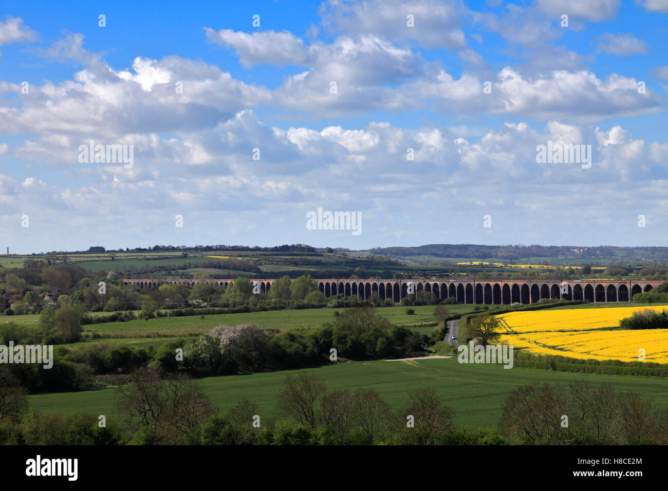 Summer view, Harringworth Railway Viaduct, river Welland valley ...