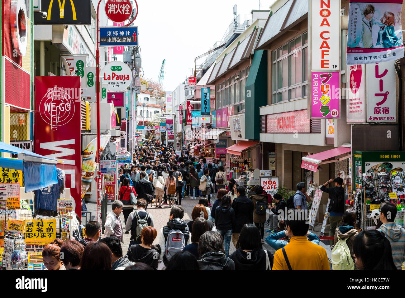 Japan, Tokyo, Harajuku. View along pedestrian Takeshita street crowded ...