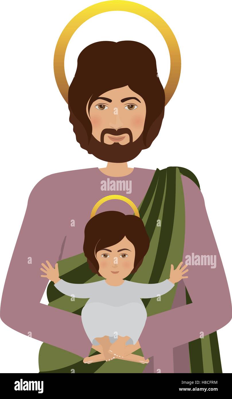 cartoon saint joseph with baby jesus icon over white background ...