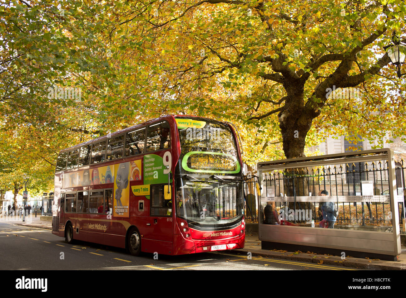 A National Express West Midlands number 9 bus leaving the stand on ...