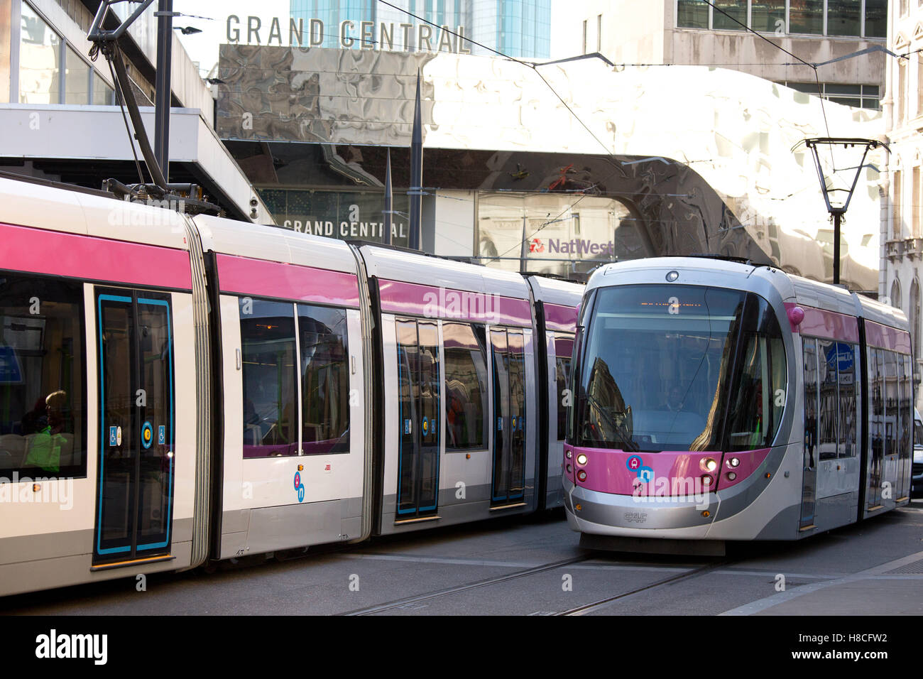 The Birmingham Metro Tram traveling along Stephenson Street next to ...