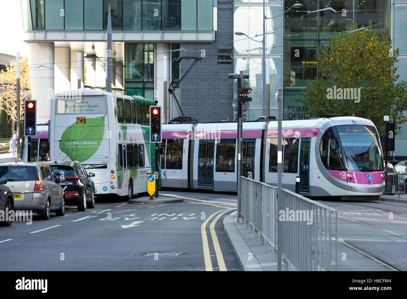 The Birmingham Metro Tram traveling along Colmore Circus Queensway near ...