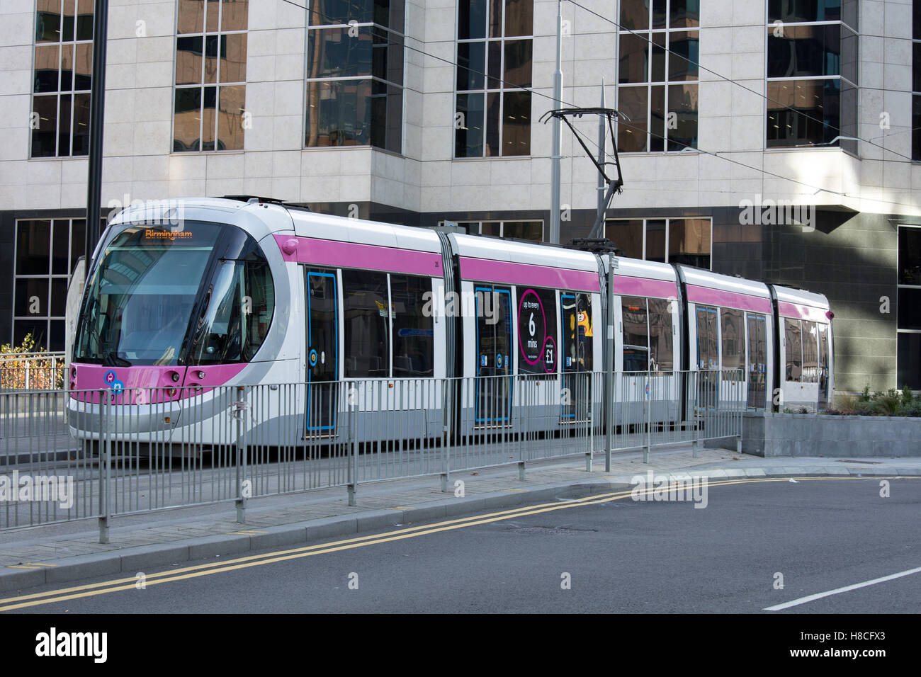 The Birmingham Metro Tram traveling along Colmore Circus Queensway near ...