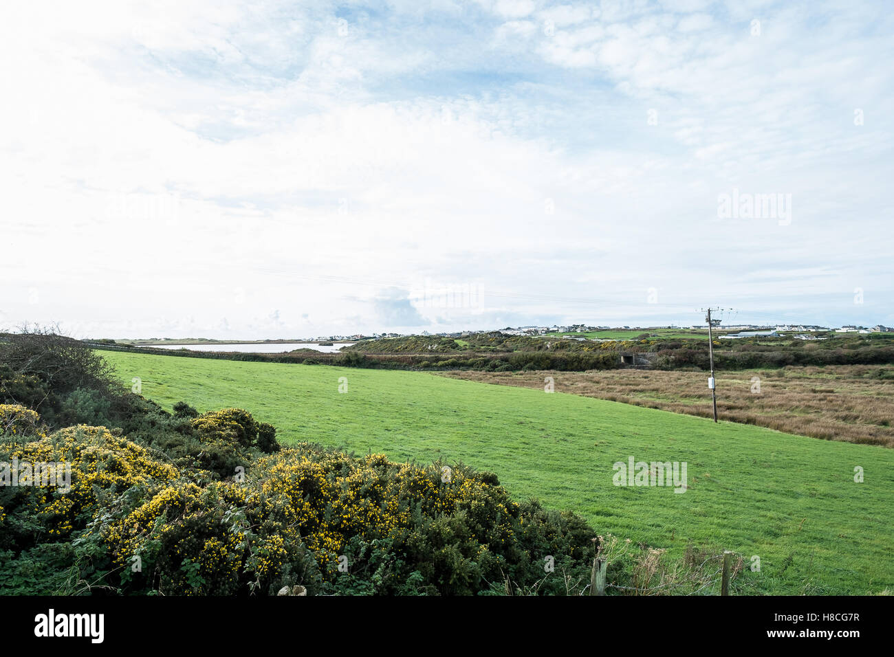View on the island of Anglesey looking toward Maelog lake and Rhosneigr, North Wales, Ynys Mon ...