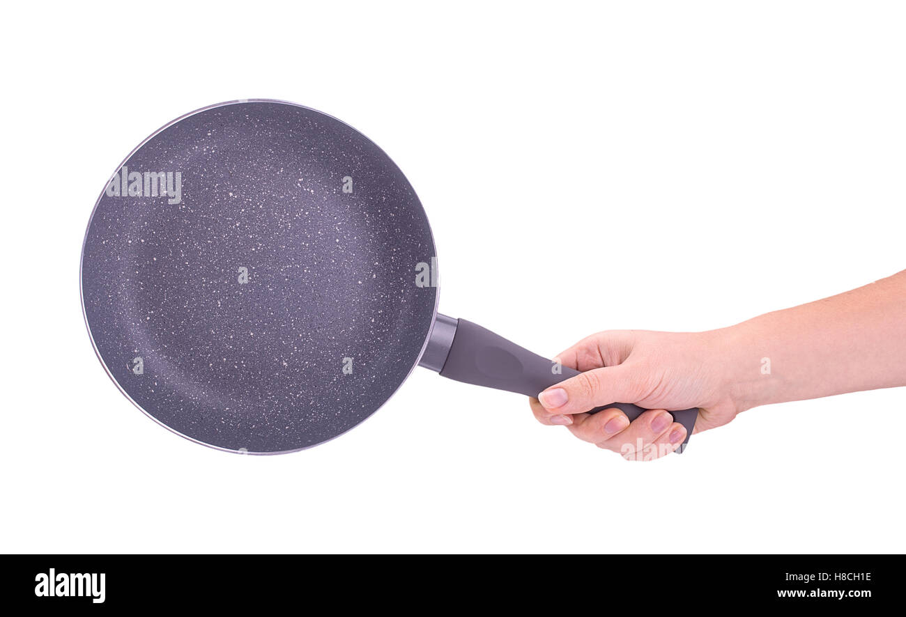 hand holding clean empty pan isolated on white background Stock Photo ...
