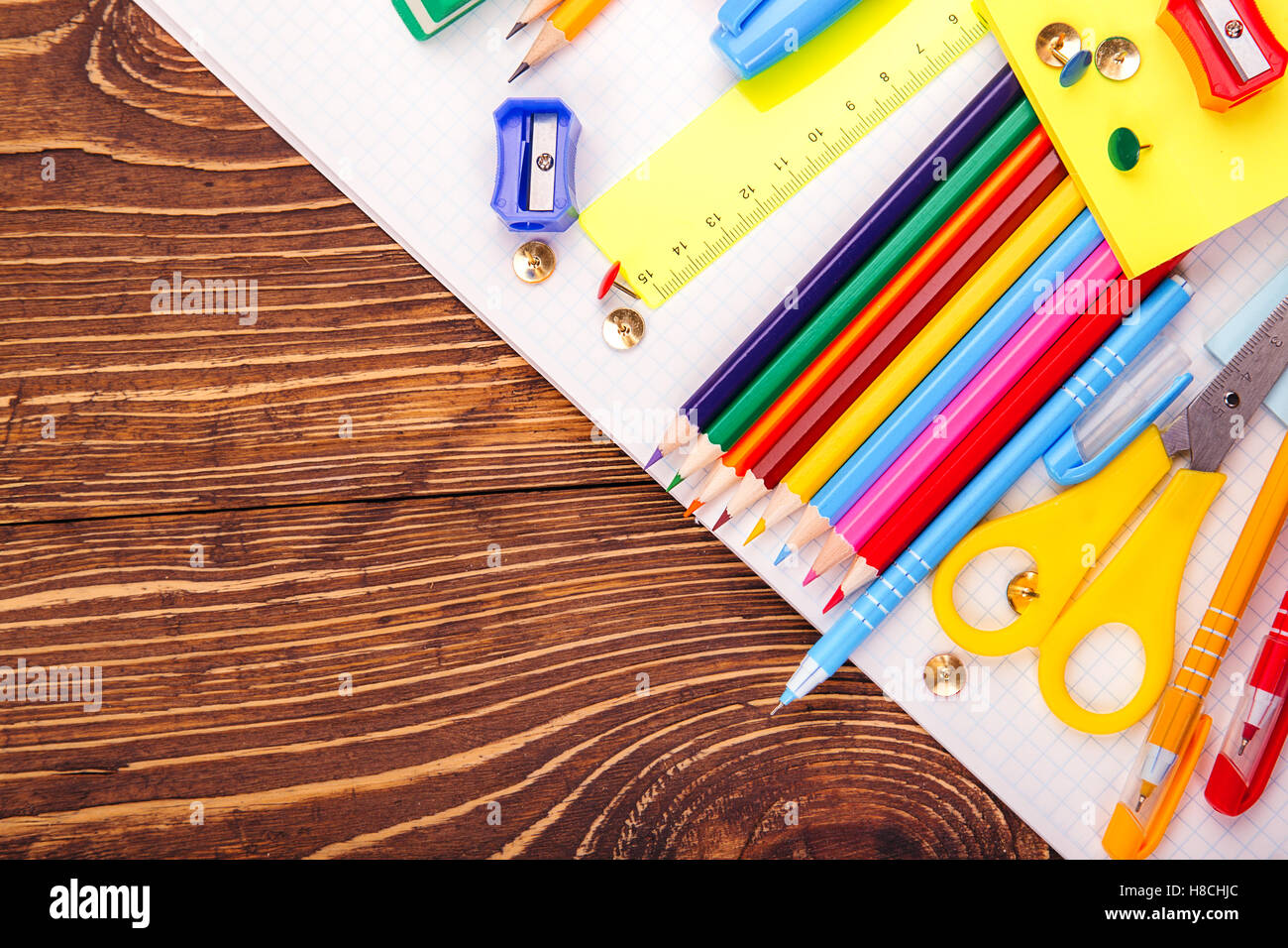 retro wooden table with school supplies Back to school concept Stock ...