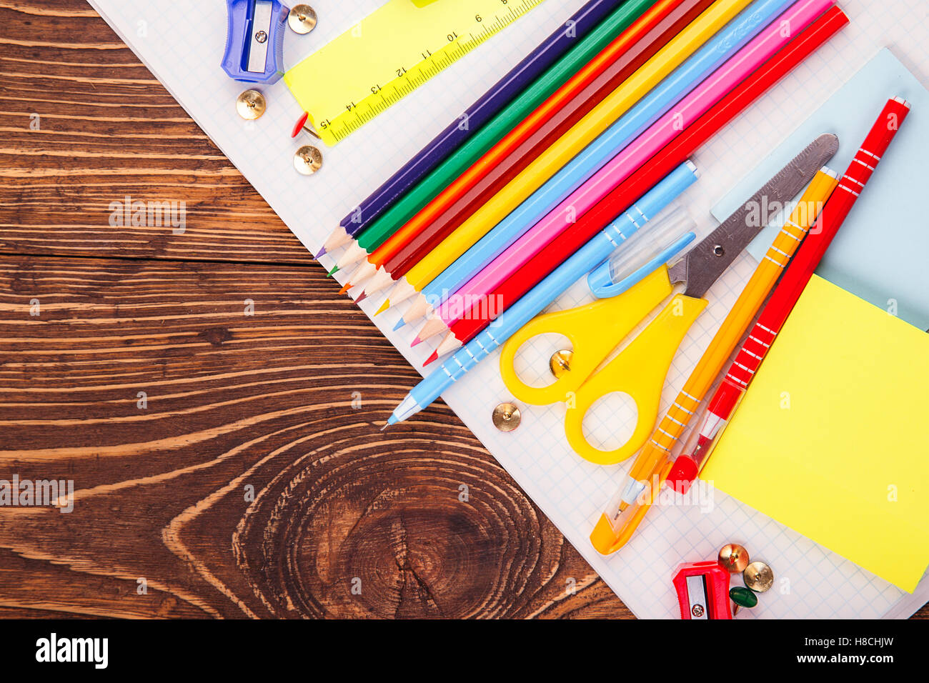 retro wooden table with school supplies Back to school concept Stock ...