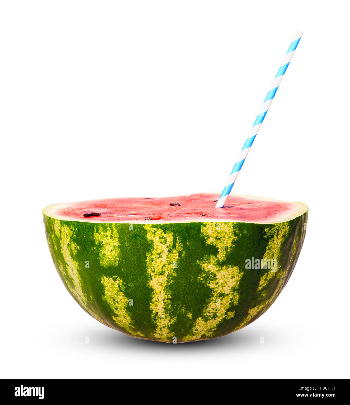 cut juicy watermelon with a striped straw isolated on white background ...