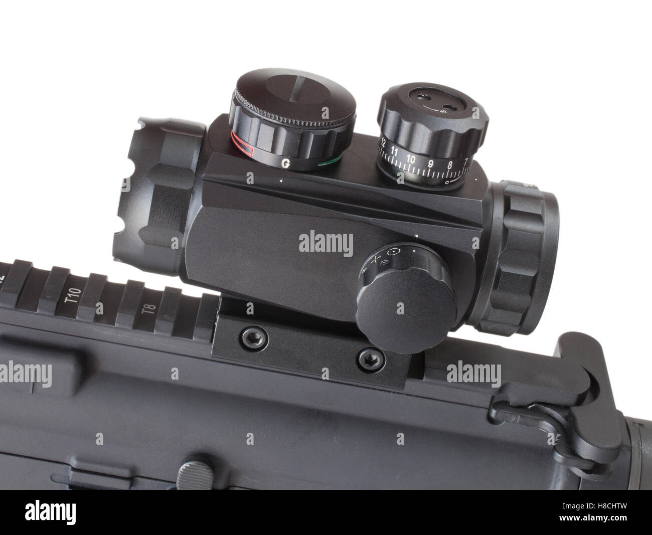 Dot optic on the rail of an assault rifle that is isolated Stock Photo ...