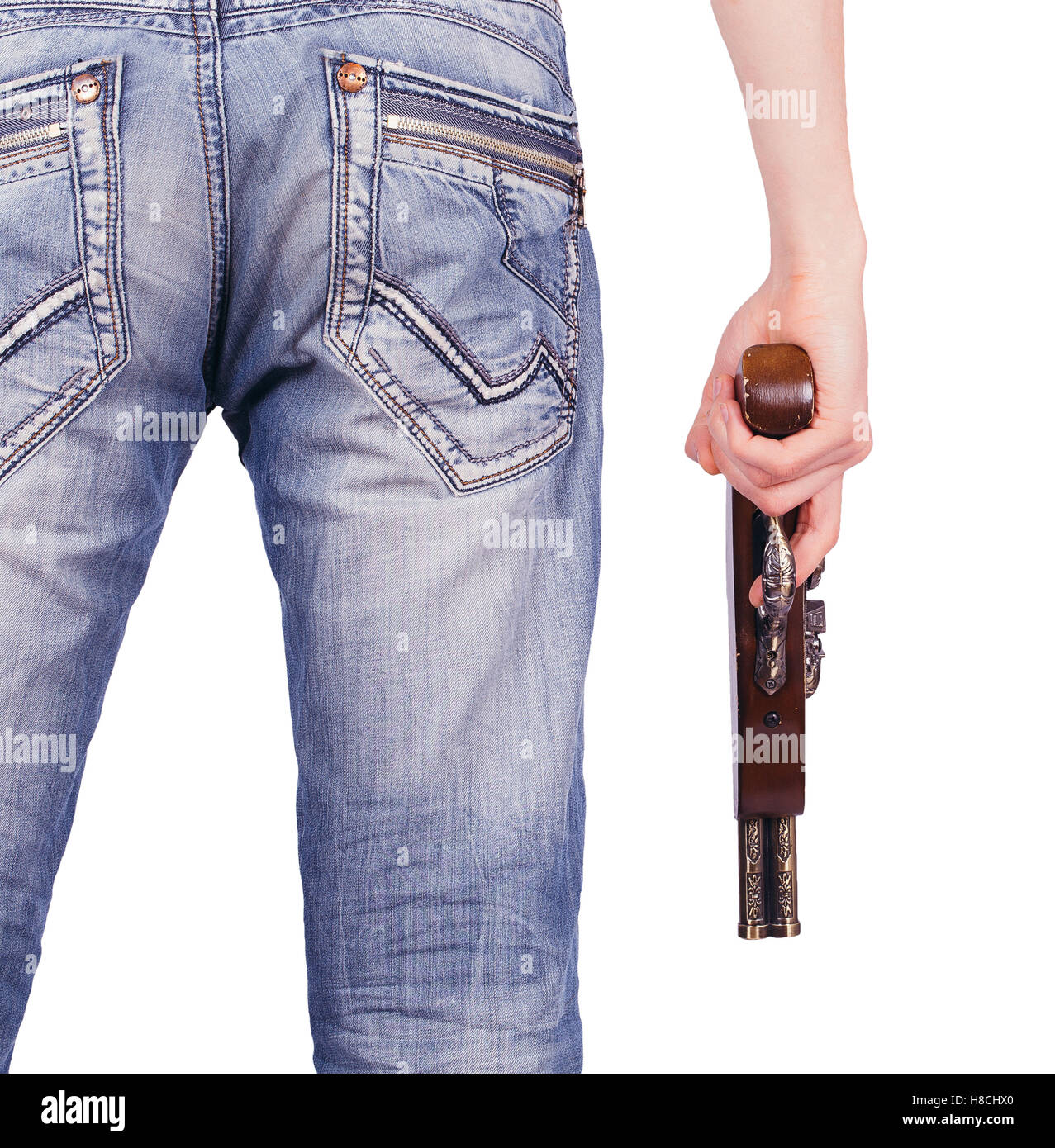 a man with a gun in his hand rear view, isolated on white background ...