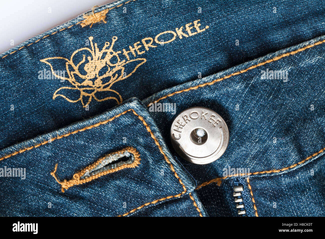 Cherokee button and logo stamped in denim jeans Stock Photo - Alamy